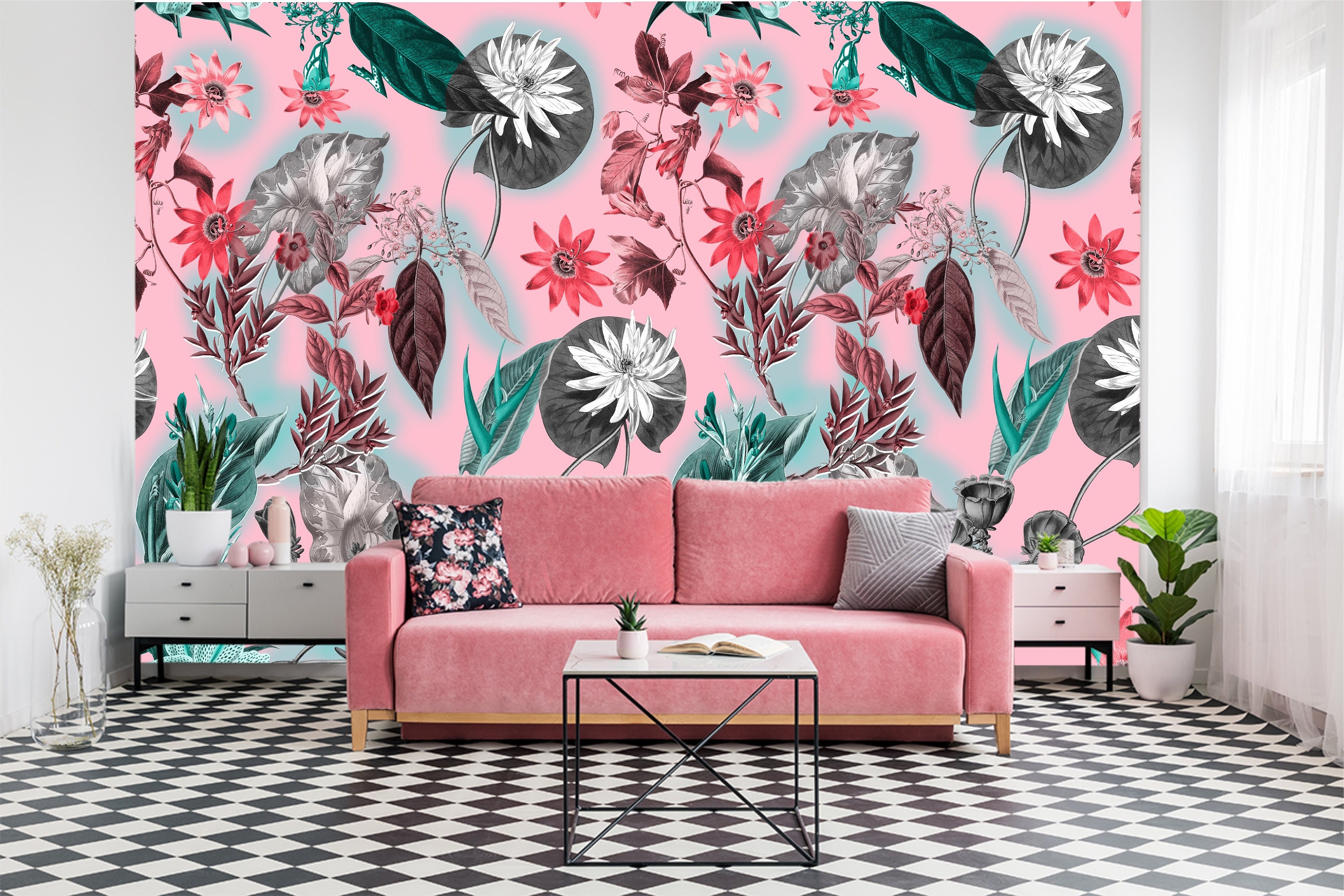 Pink and Teal Floral Wallpaper Self-adhesive Wallpaper | Etsy