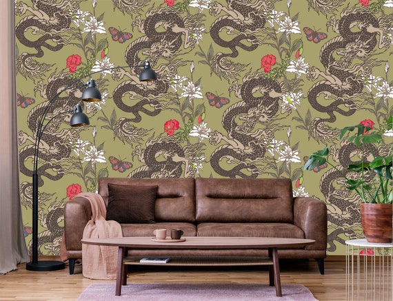 Asian Dragon and Flowers Wallpaper Self-adhesive Wallpaper | Etsy