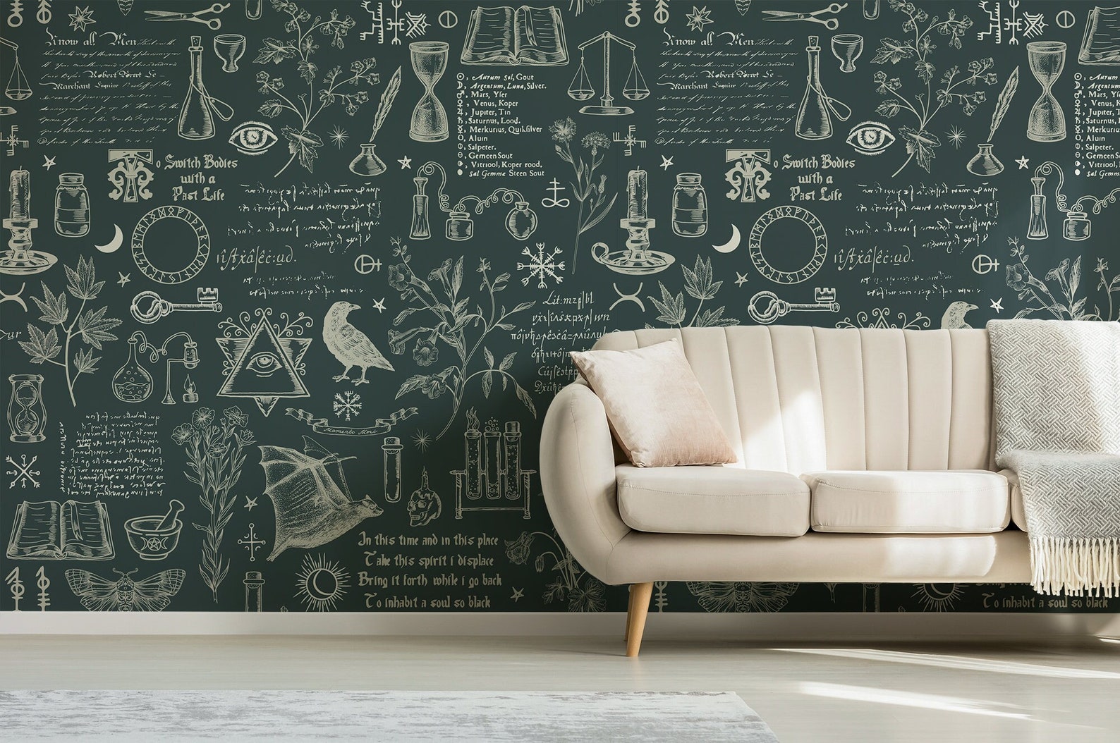 Dark Green Alchemy Wallpaper, Ravens, Bats, Mystic Symbols, Peel and ...