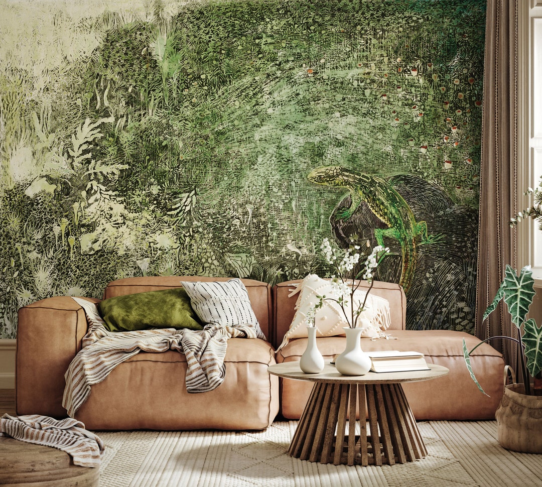 Tropical Wallpaper With Lizard, Vintage Painting Wall Mural | Peel and ...