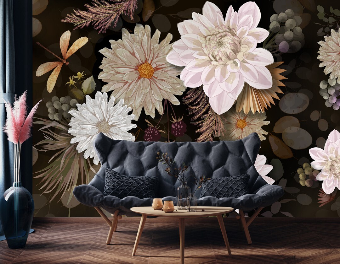 Dark Mural With Light Flowers and Insects, Brown Tones* | Self-adhesive ...