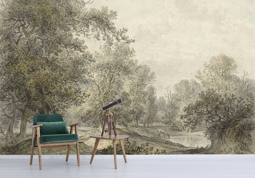 Vintage Forest Landscape Wallpaper Mural, Scenic Peel and Stick or Non ...