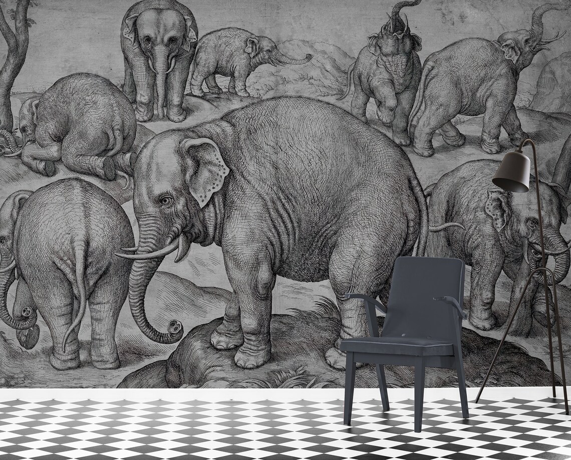 Black and Gray Elephants Ink Art Wallpaper Peel & Stick Self - Etsy