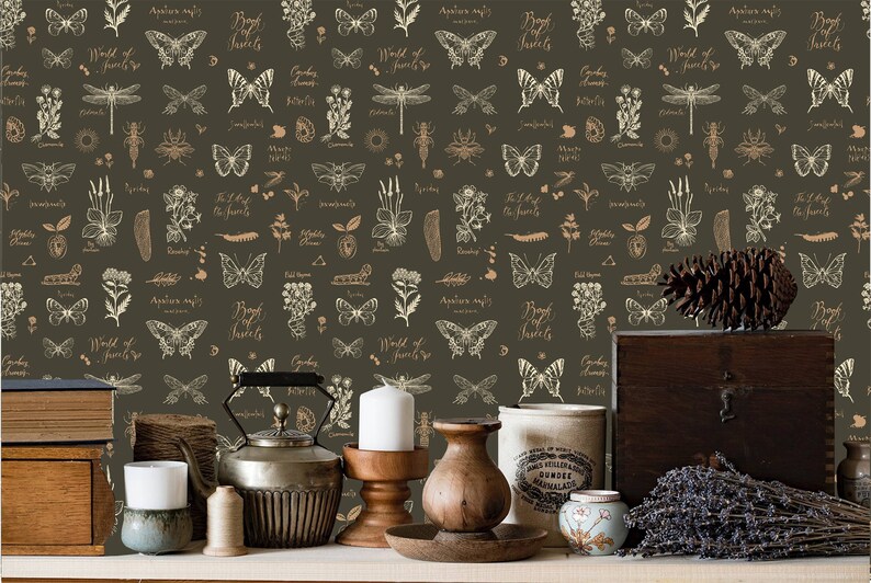 Retro Wallpaper Butterflies Beetles on the Dark Background - Etsy