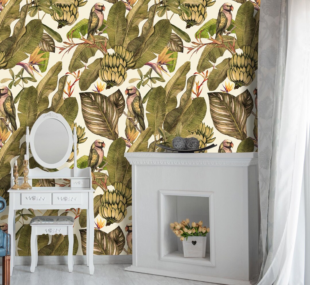 Tropical Leaf Wallpaper, Bird, Botanical Wall Mural Peel and Stick self ...