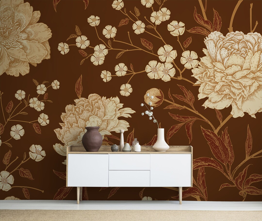 Vector Brown Wallpaper With Elegant Big Flower Pattern, Self Adhesive ...