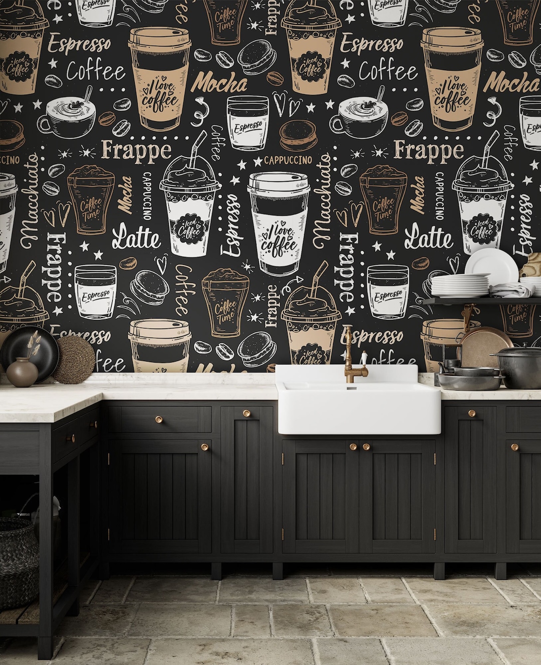 Coffee Bar Wallpaper, Dark Mural, Restaurant and Kitchen Wall Decor ...