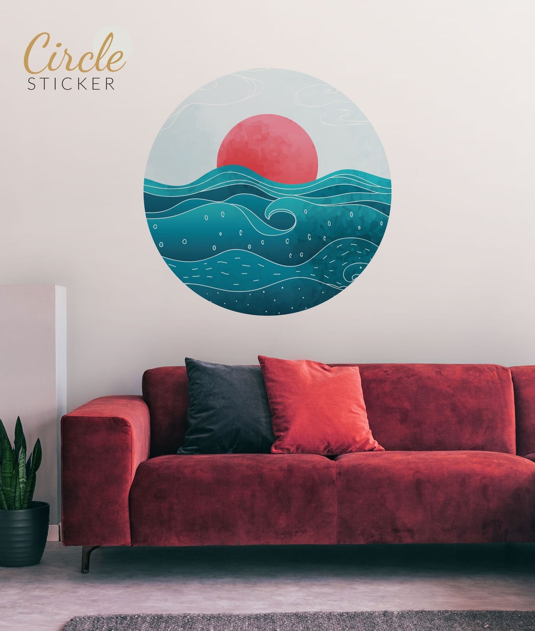 Red Sunset Wall Sticker, Sea Decal, Abstract Sticker, Room Wall Decor ...