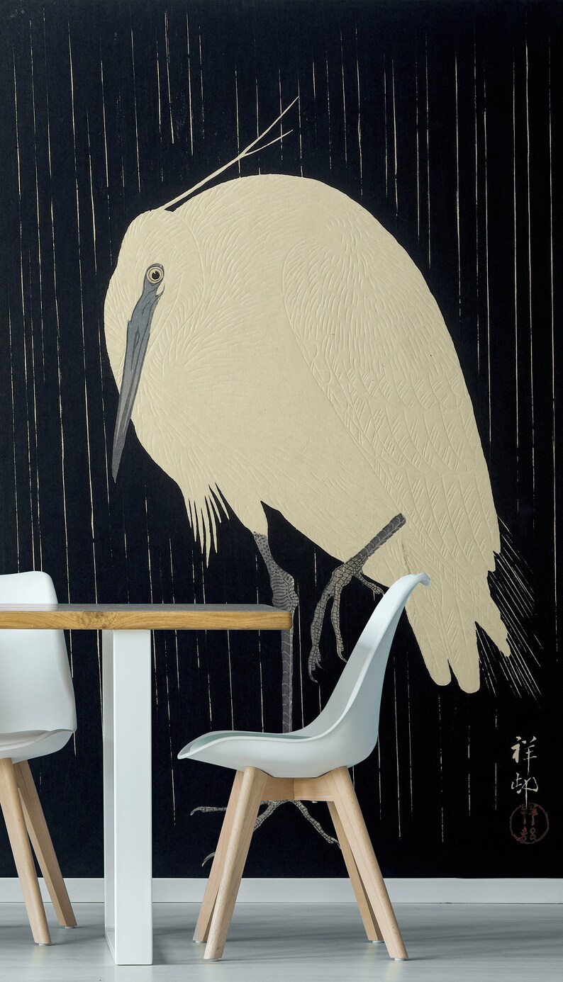 Cream White Heron Bird Art Wallpaper, Peel & Stick, Self Adhesive ...
