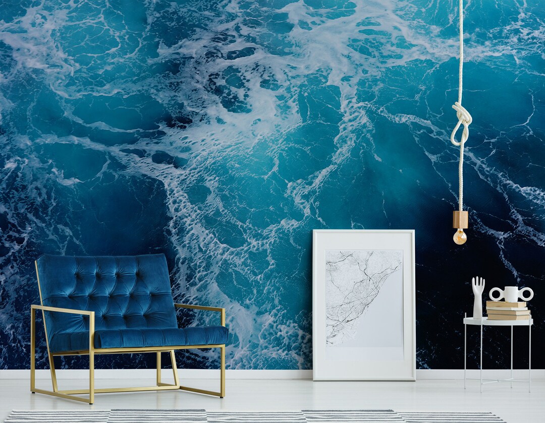 Sea Foam Wallpaper, Blue Sea Waves Wall Mural | Peel and Stick (self ...