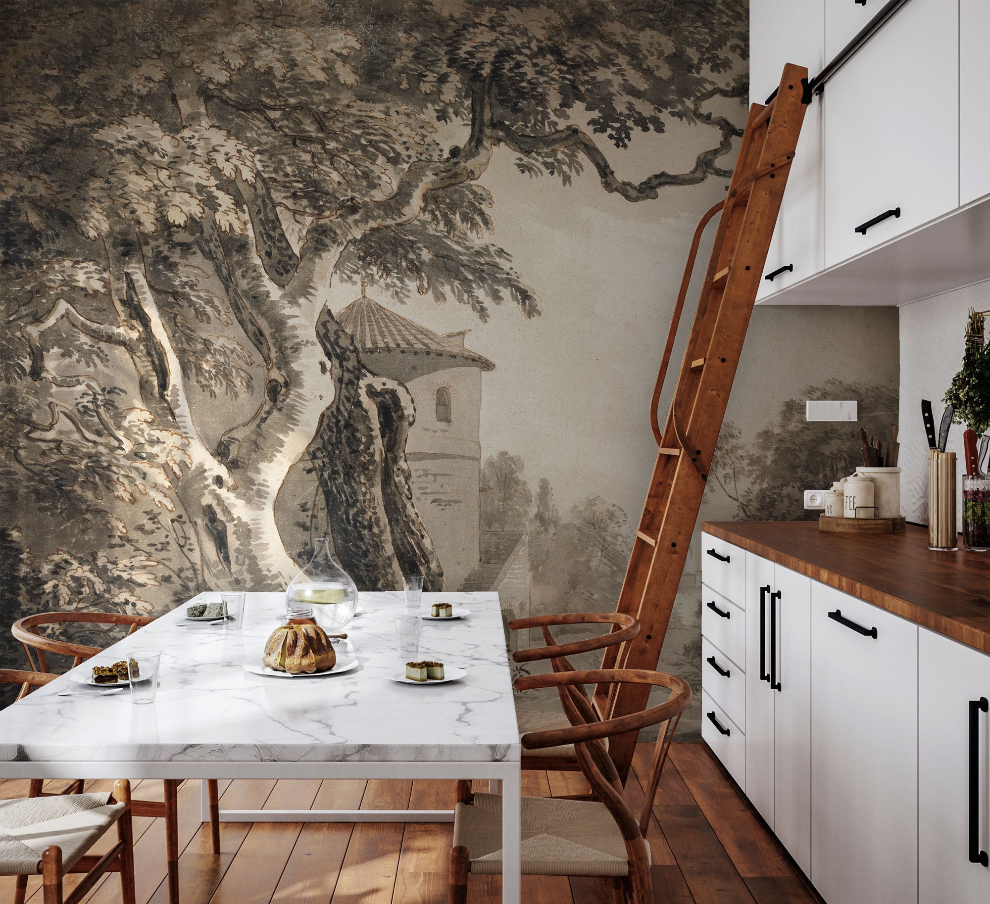 Vintage Scenic Wallpaper With Old Tree, Trees Wall Art | Peel and Stick ...