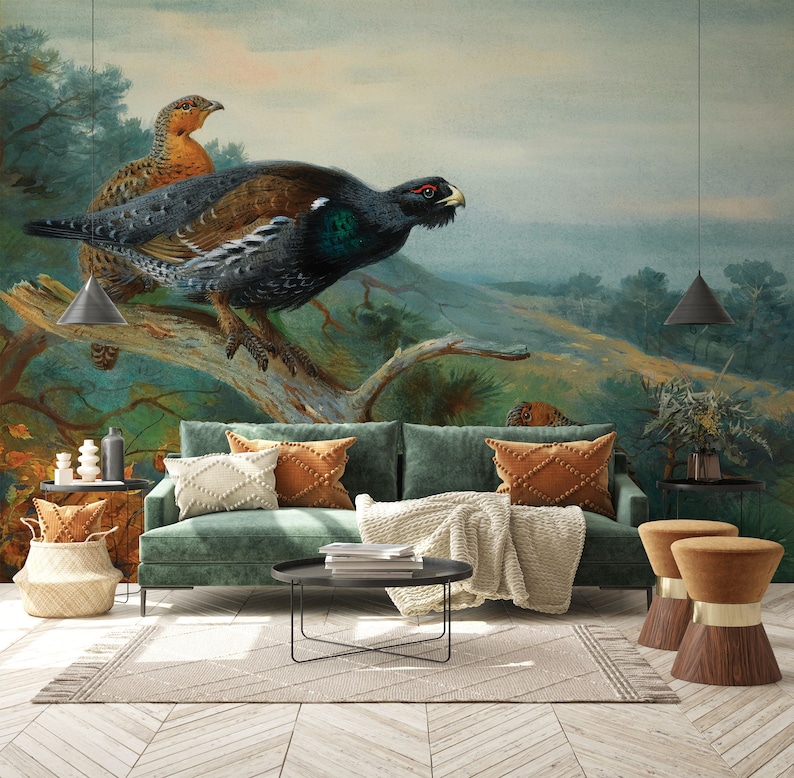 Vintage Bird Wallpaper With Landscape Wall Mural Peel and - Etsy