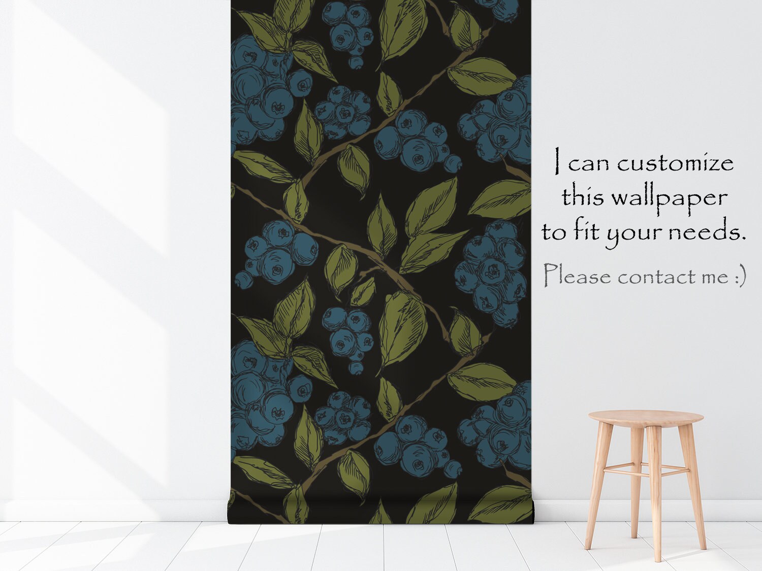 Blueberry Branch Wallpaper, Dark Home Decor, Peel and Stick Wall Decal ...