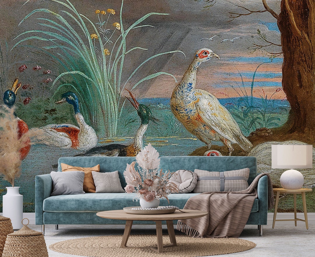 Vintage Duck Landscape Wallpaper, Birds, Peel and Stick or Non Adhesive ...