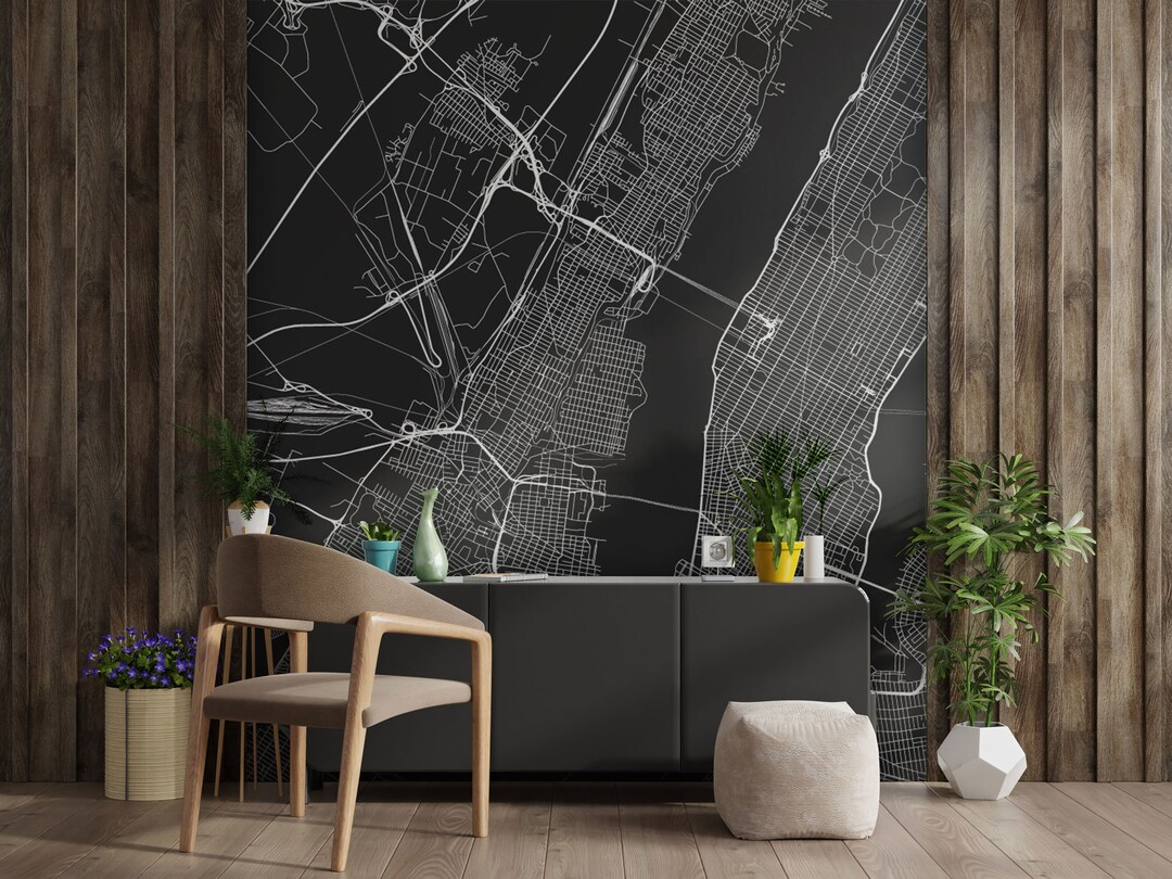 Black New York Map Wallpaper | Peel and Stick Vinyl - Etsy