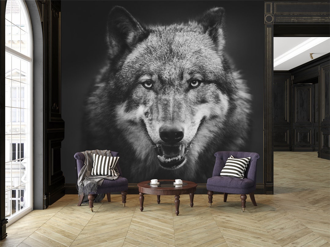 Wallpaper With Dark Gray Wolf on a Black Background | Self-adhesive ...
