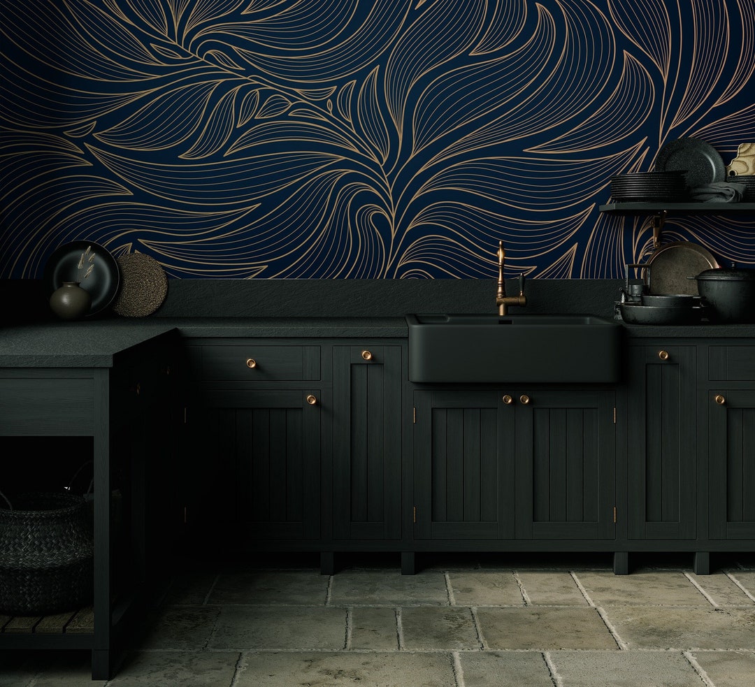 Dark Art Deco Leaf Wallpaper | Abstract Peel and Stick Vinyl - Etsy