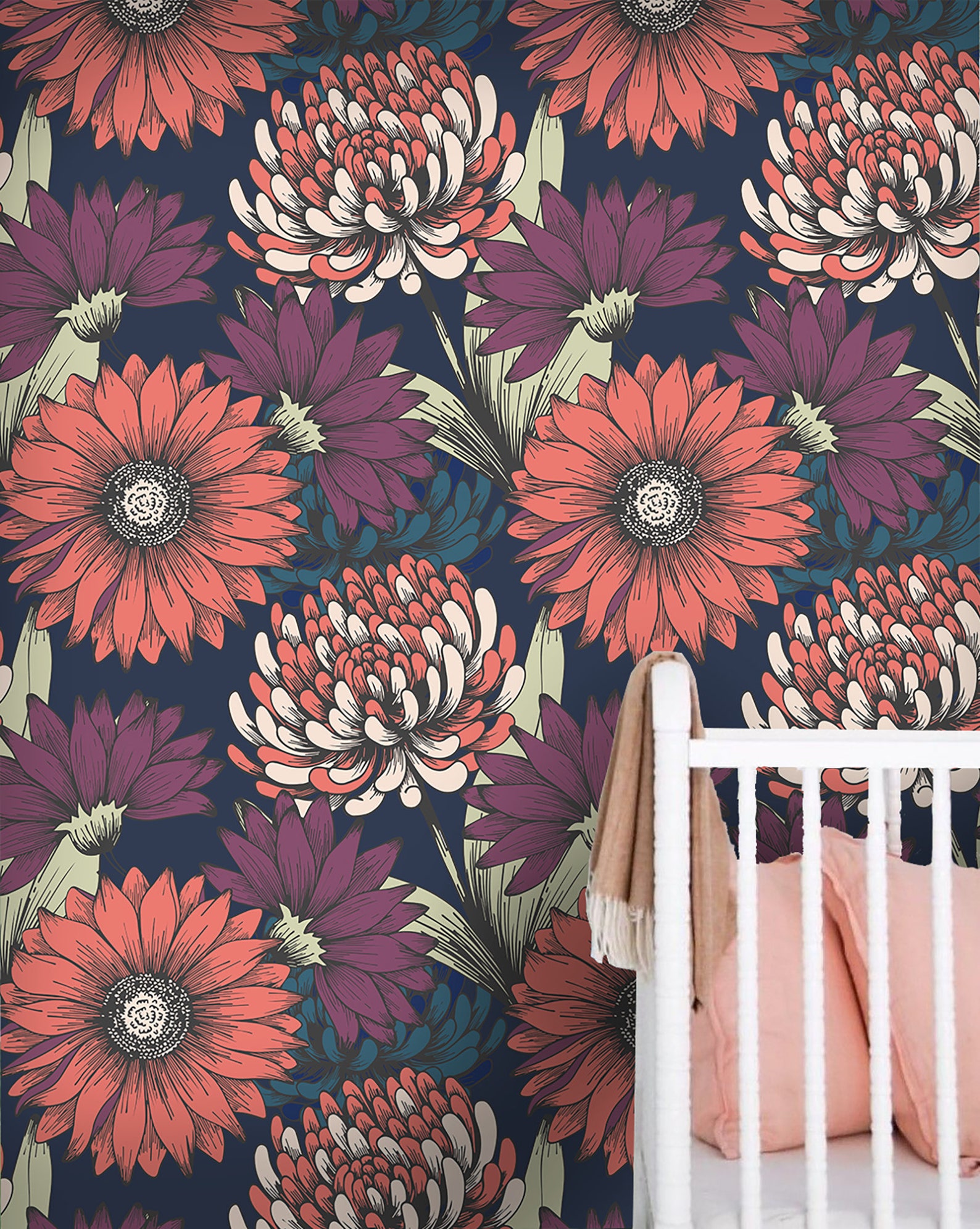Wallpaper With Red and Purple Flowers, Self Adhesive, Peel and Stick ...