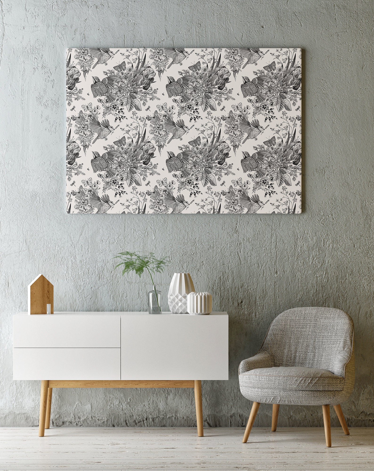 Grayscale Floral Bouquets, Birds and Butterfly Canvas Print, Botanical ...