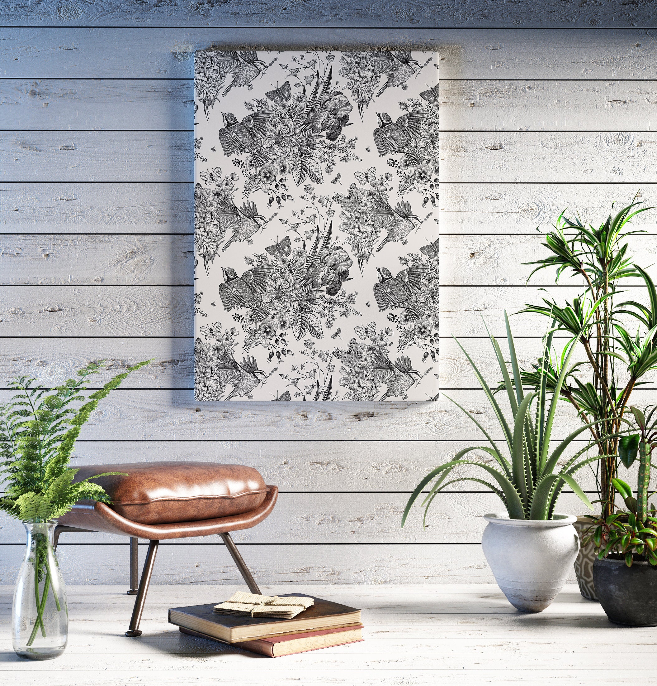 Grayscale Floral Bouquets, Birds and Butterfly Canvas Print, Botanical ...