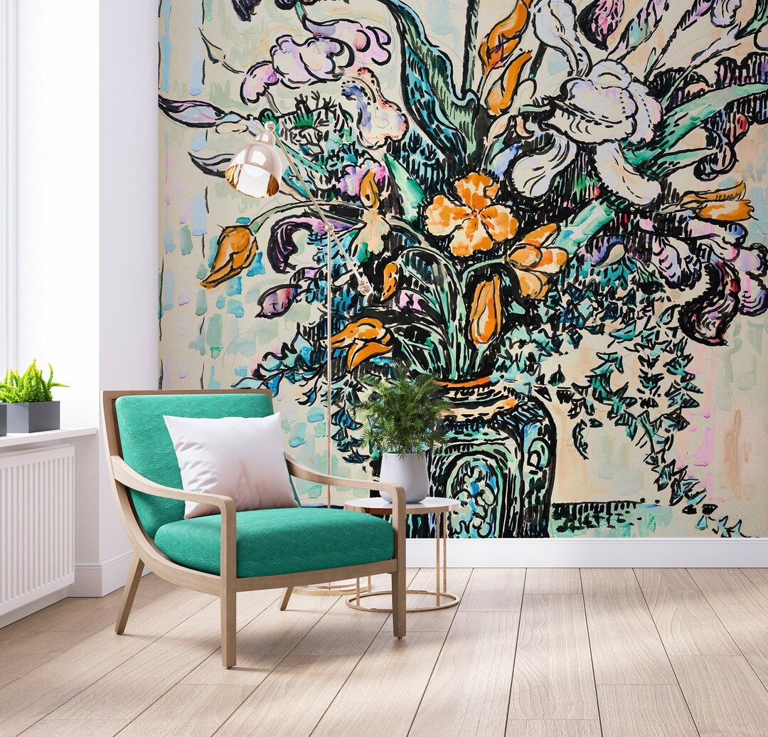 Floral Bouquet Wallpaper With Colorful Vase, Wall Mural | Peel and ...