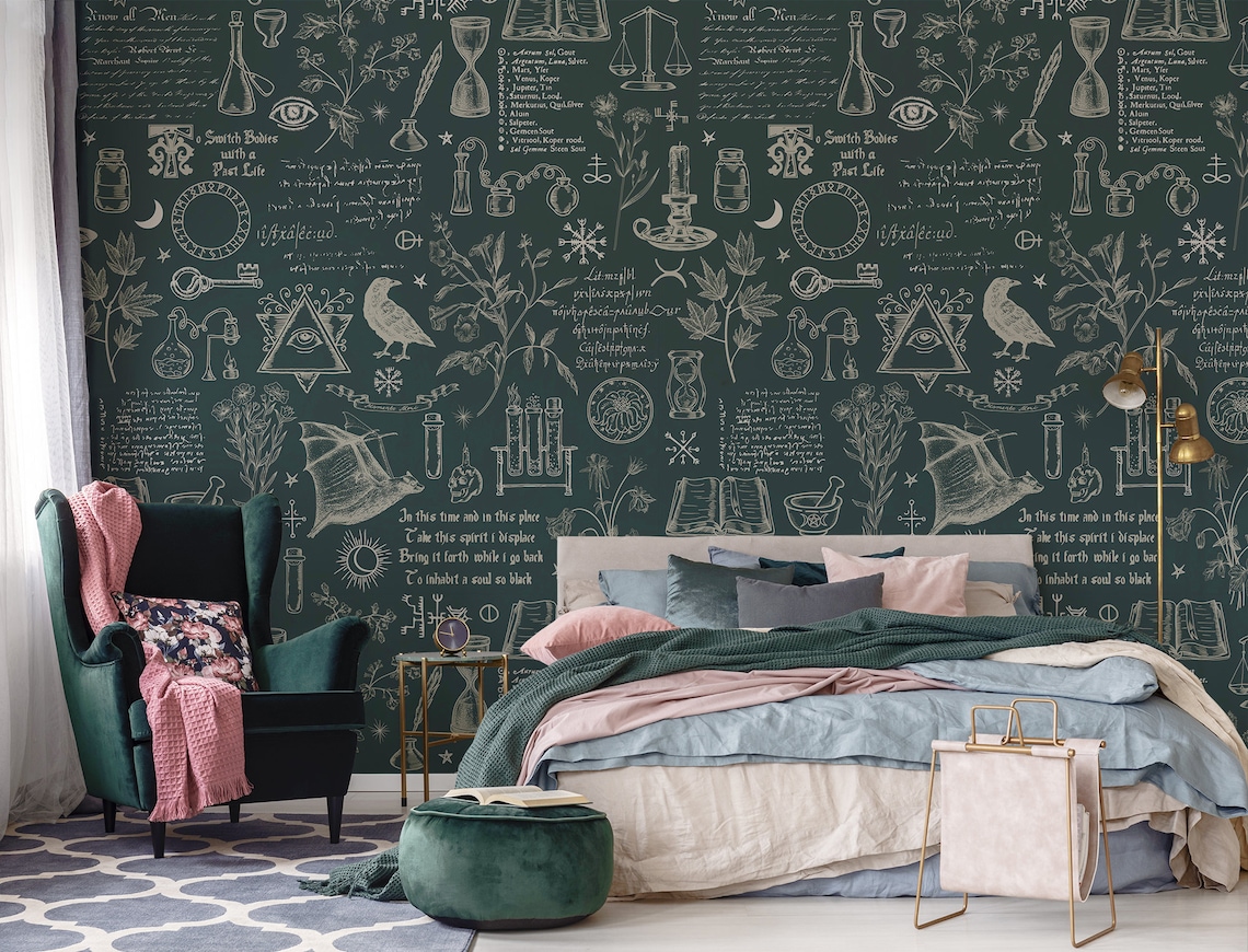 Dark Green Alchemy Motive Wallpaper With Ravens Bats Plants - Etsy