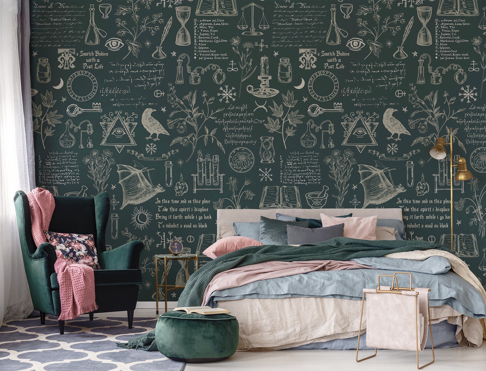 Dark Green Alchemy Wallpaper, Ravens, Bats, Mystic Symbols, Peel and ...
