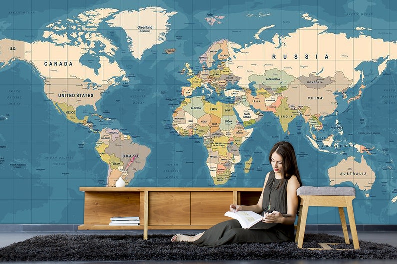 World map muralprint paintinghome decorwall decalremovable | Etsy