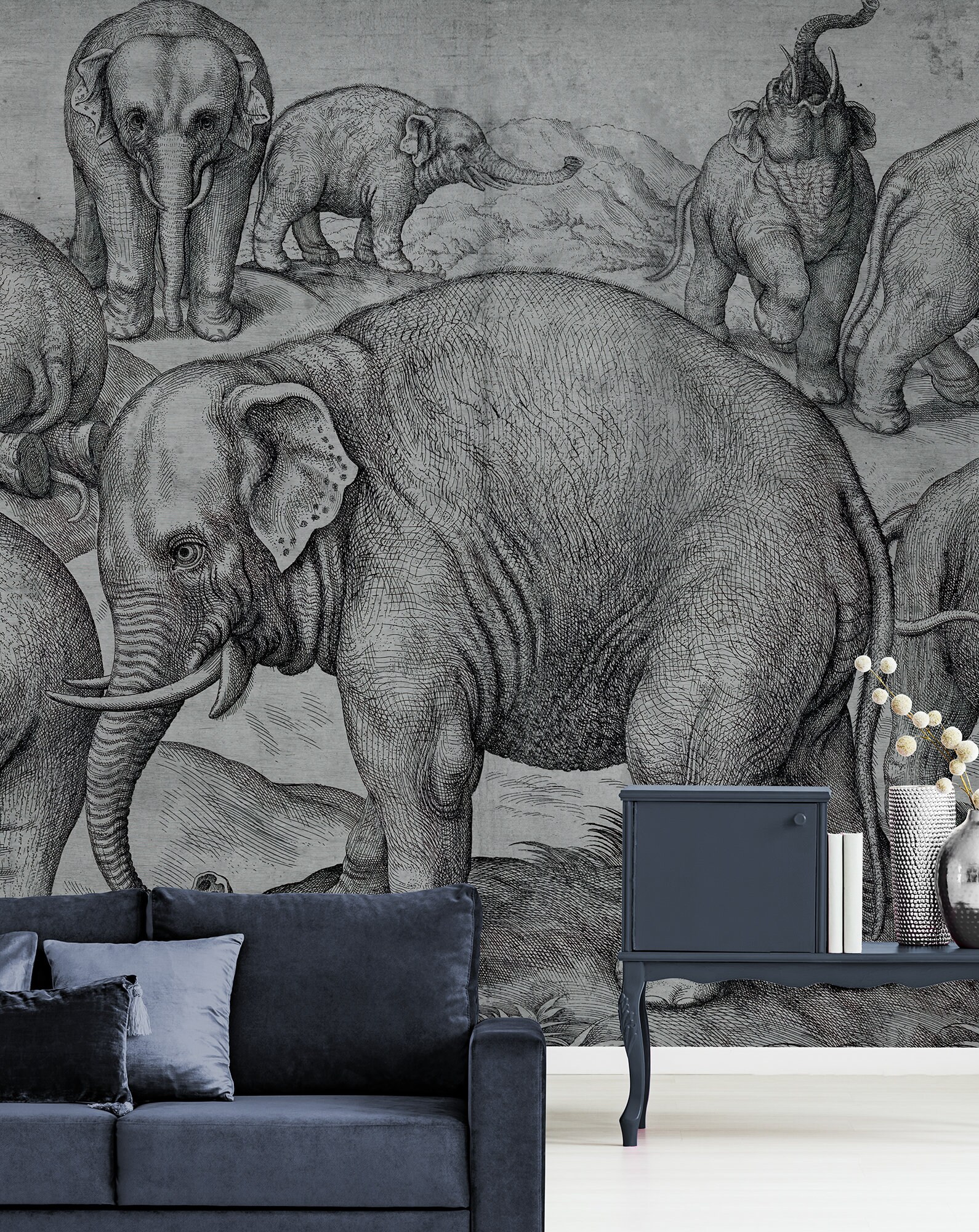 Black and Gray Elephants Ink Art Wallpaper Peel & Stick Self - Etsy
