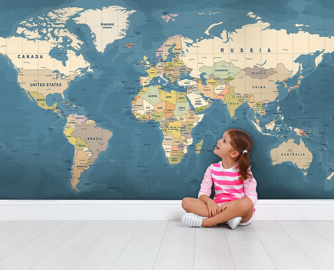 World Map Mural, Peel and Stick Removable Wallpaper - Etsy