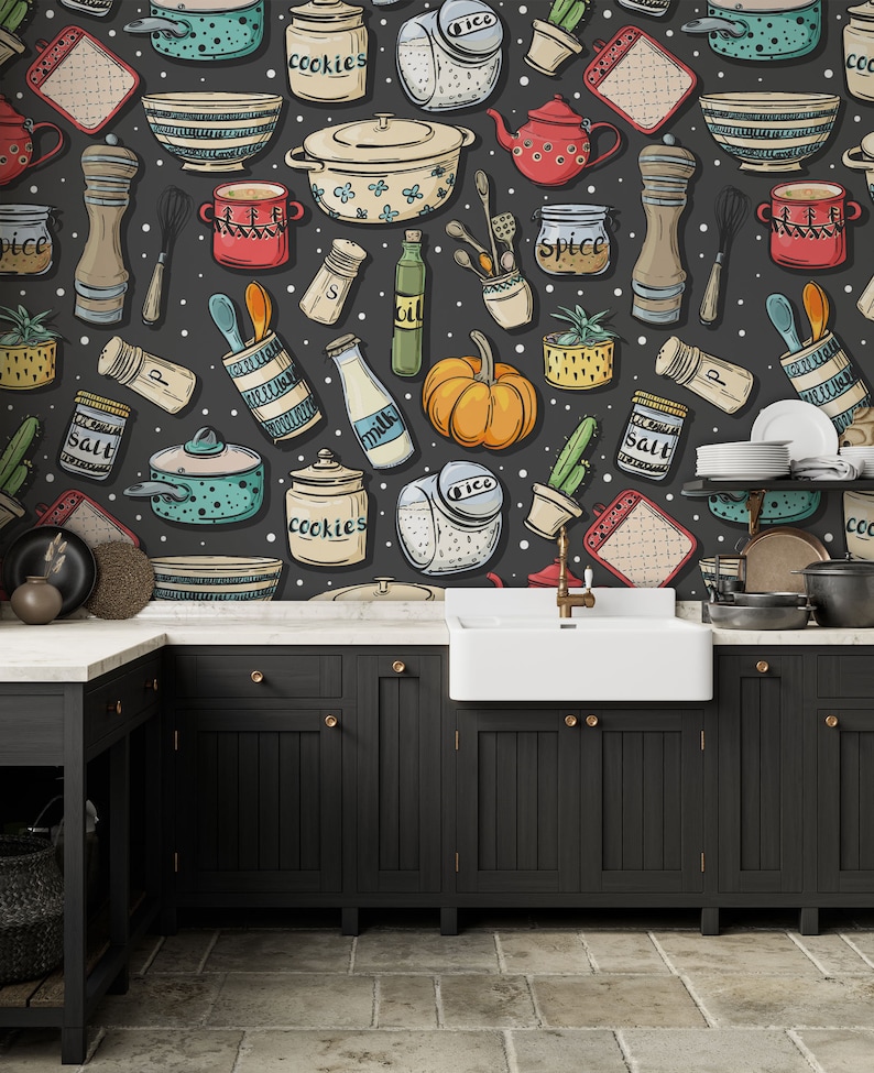 Kitchen Dishes Wallpaper, Restaurant Decor, Peel and Stick or Non ...