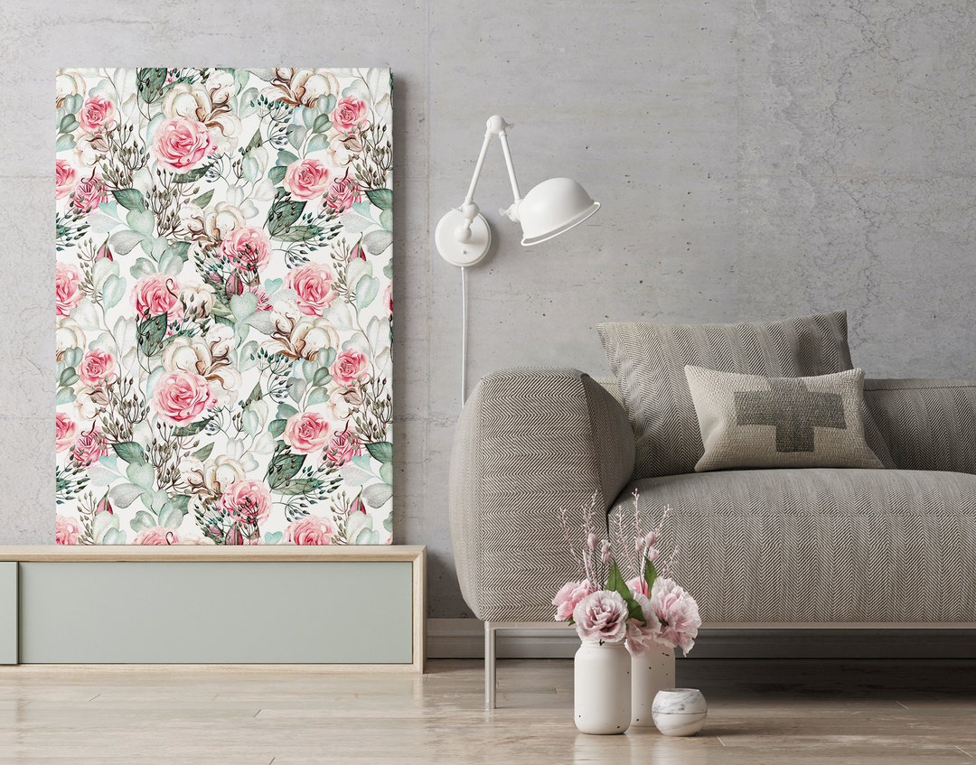 Watercolor Pink Rose and Green Leaves Pattern Canvas Print, Botanical ...