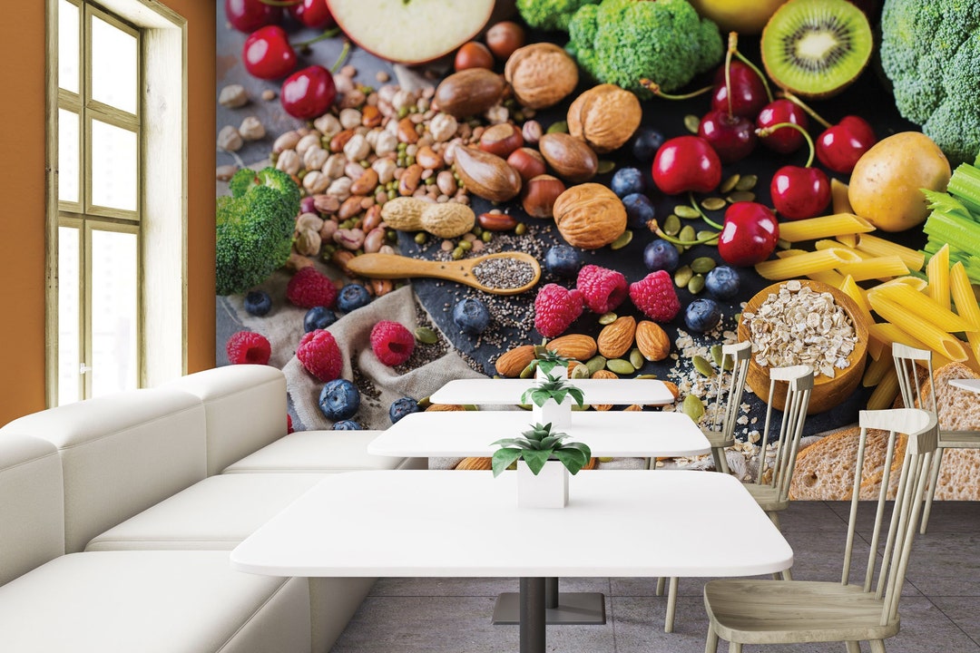 Colorful Food Wallpaper, Veggie, Fruit, Nuts, Restaurant & Kitchen Wall ...
