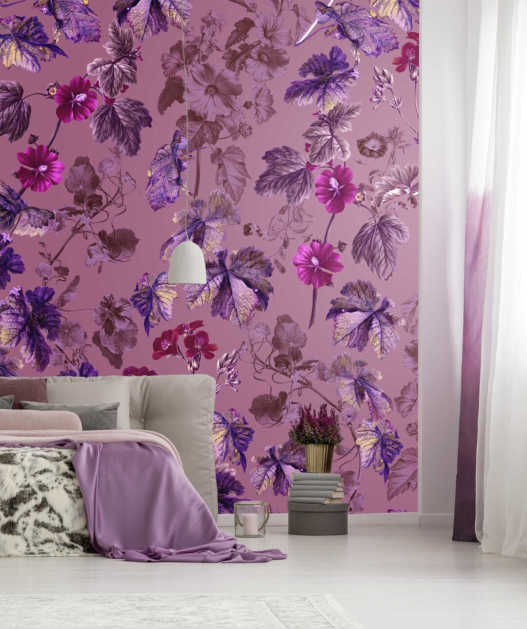 Purple Floral Wallpaper, Abstract Flowers and Leaves, Peel and Stick or ...
