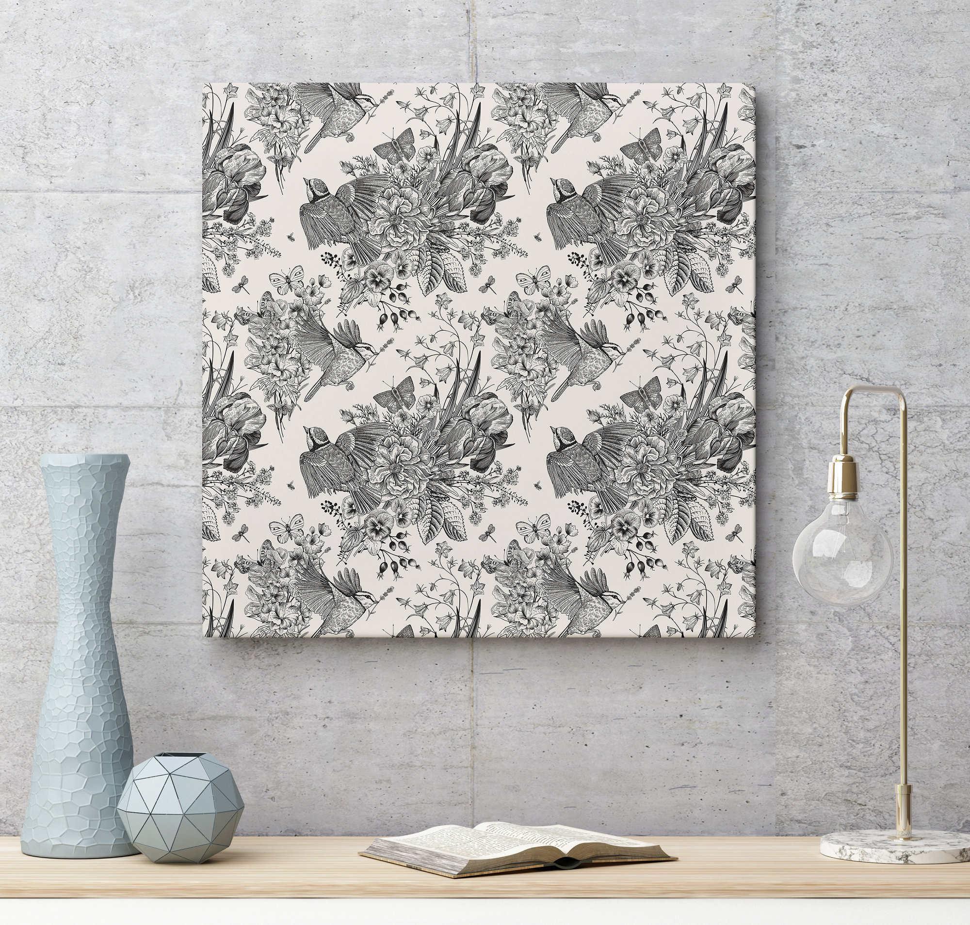 Grayscale Floral Bouquets, Birds and Butterfly Canvas Print, Botanical ...