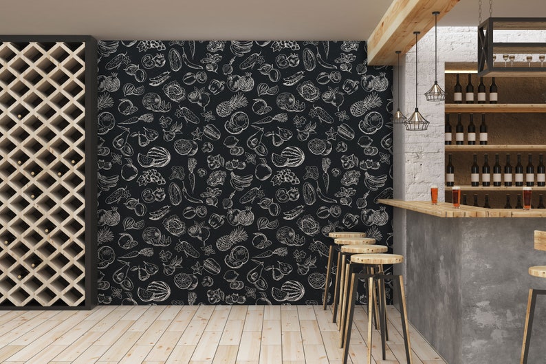 Dark Fruit and Veggie Wallpaper, Restaurant & Kitchen Wall Decor | Peel ...