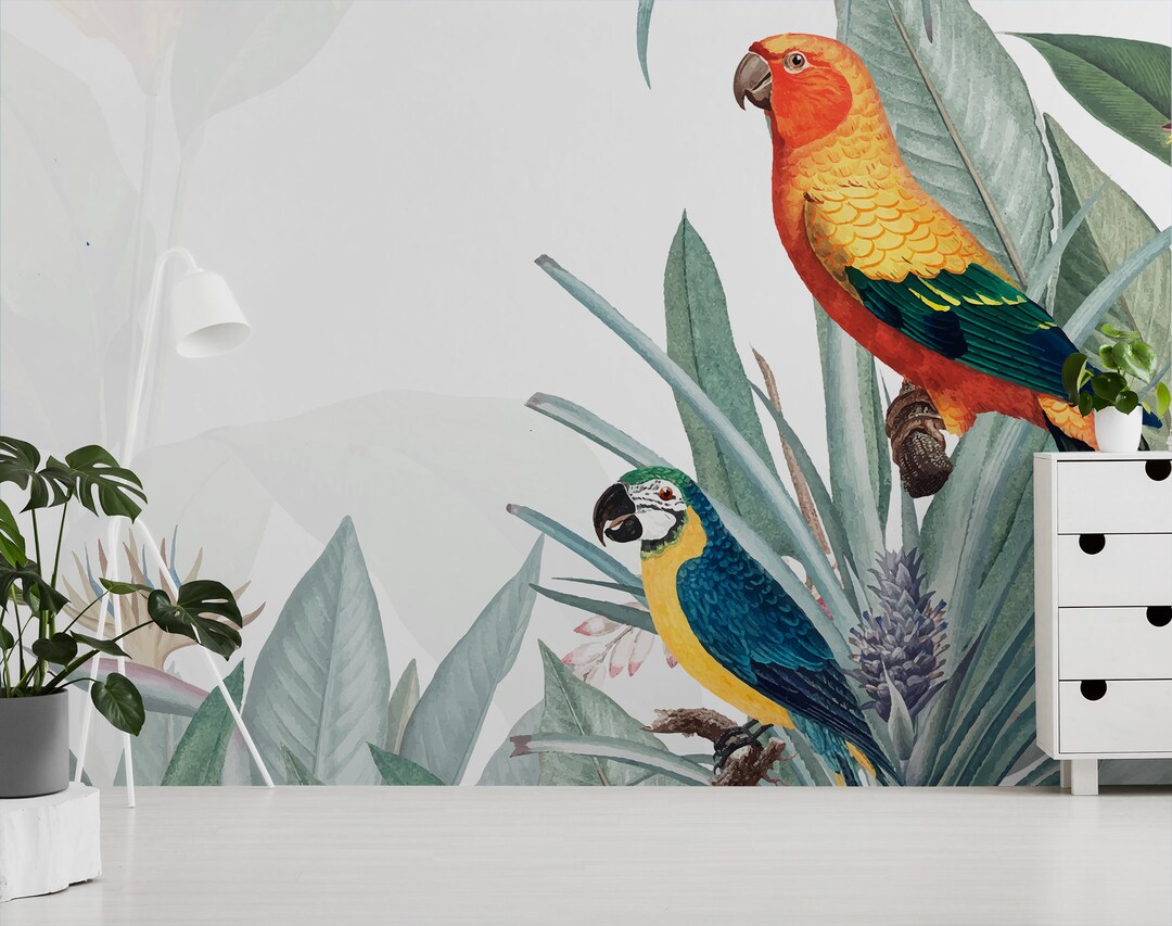 Tropical Wallpaper With Parrots, Self Adhesive, Peel and Stick ...