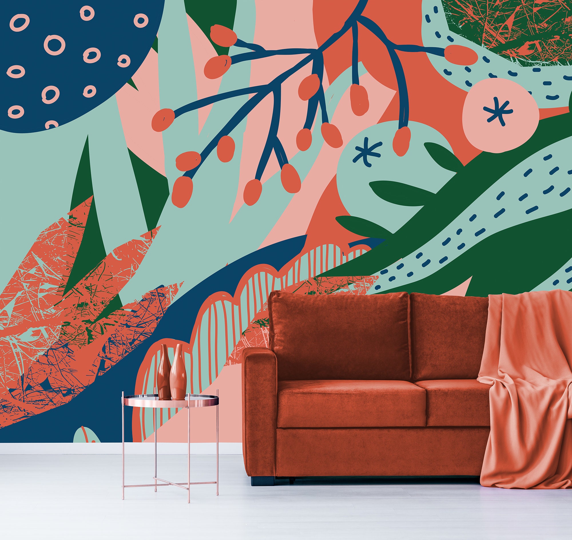 Vector Colorful Abstract Cartoon Plants Wallpaper Peel & - Etsy