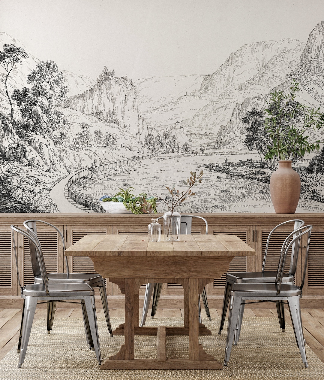 Old Drawing Wallpaper, Landscape Mural, Vintage Rural Wall Mural | Peel ...
