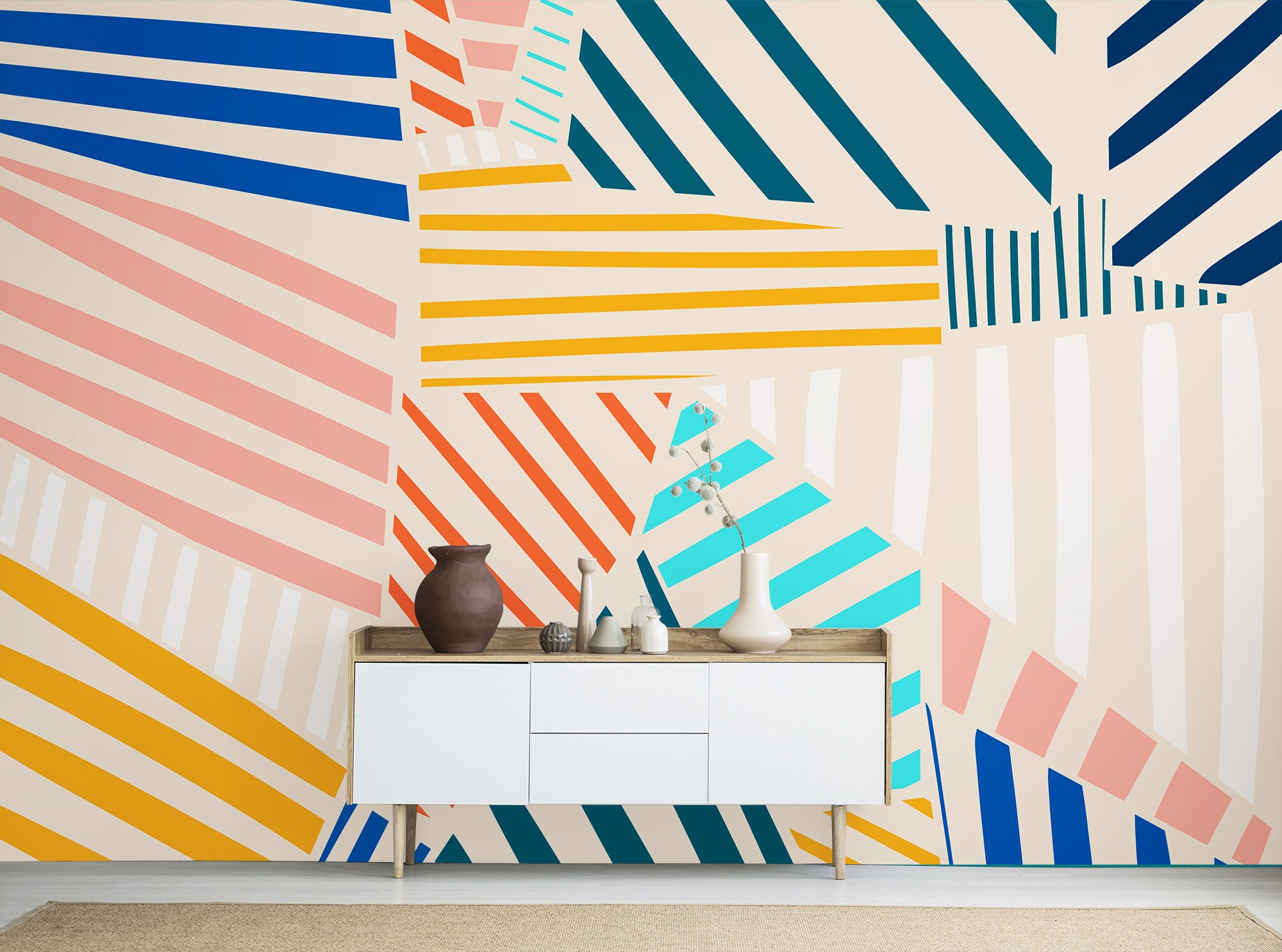 Colorful Geometric Wallpaper With Stripes Self Adhesive Peel - Etsy
