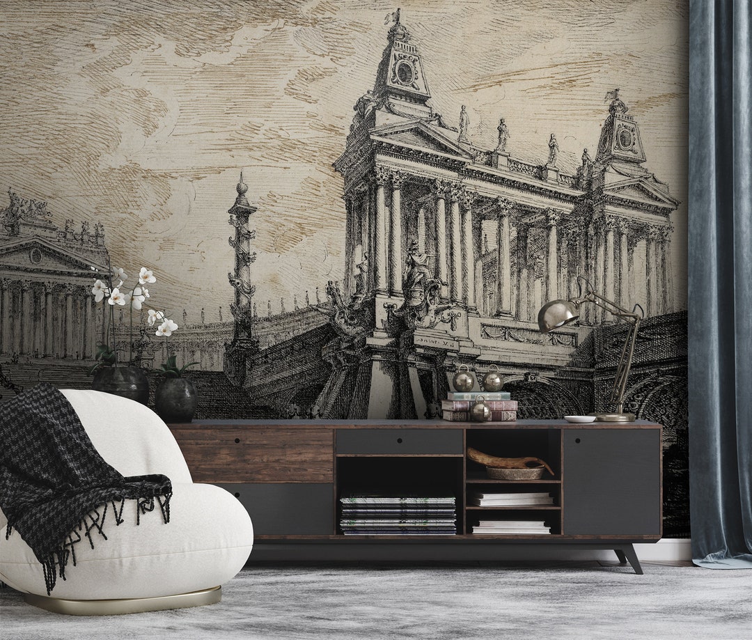 Old Buildings Wall Mural, Vintatge Print Wallpaper | Peel and Stick ...