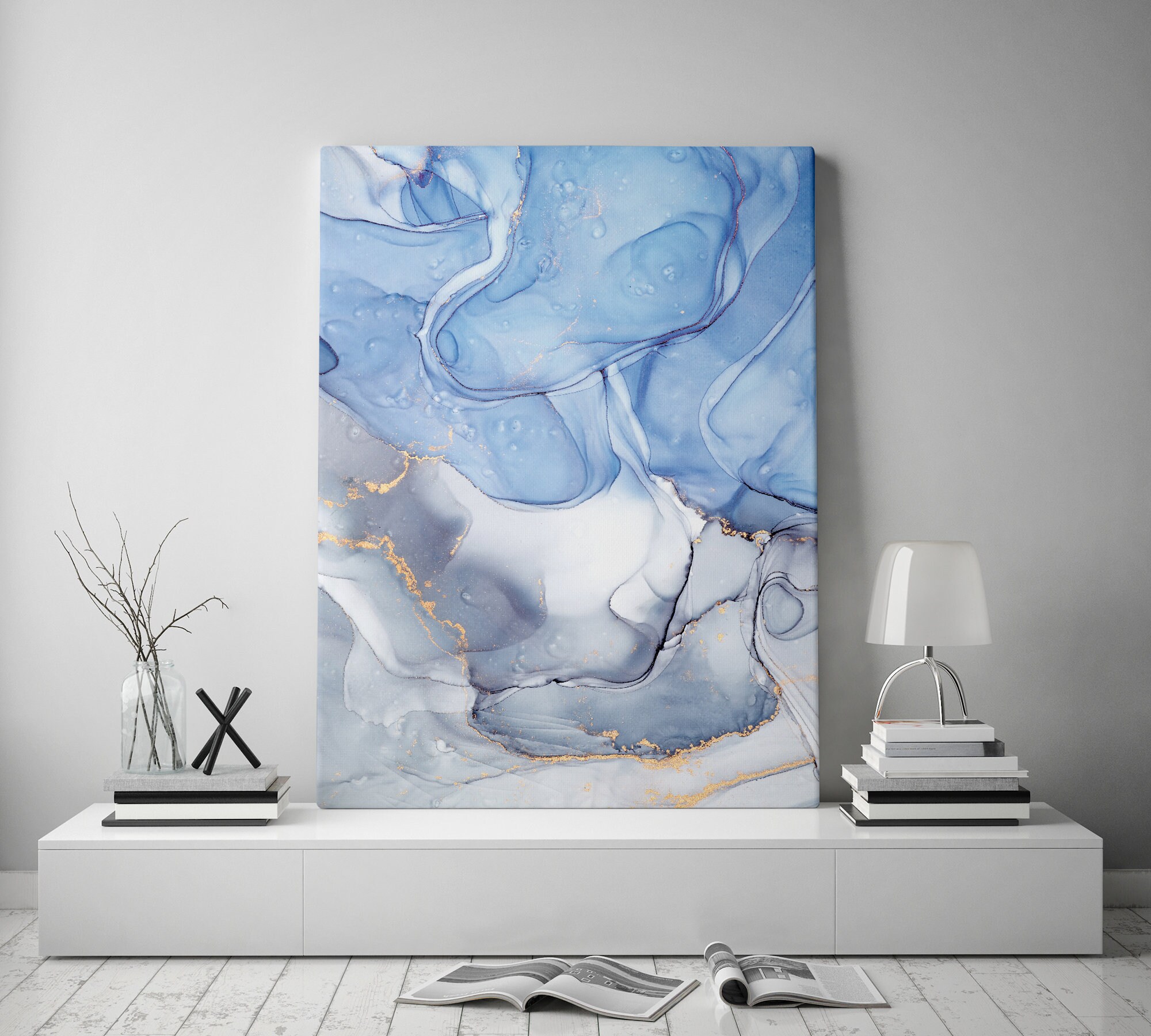 Blue and Silver Fluid Abstract Canvas Print Modern Wall - Etsy