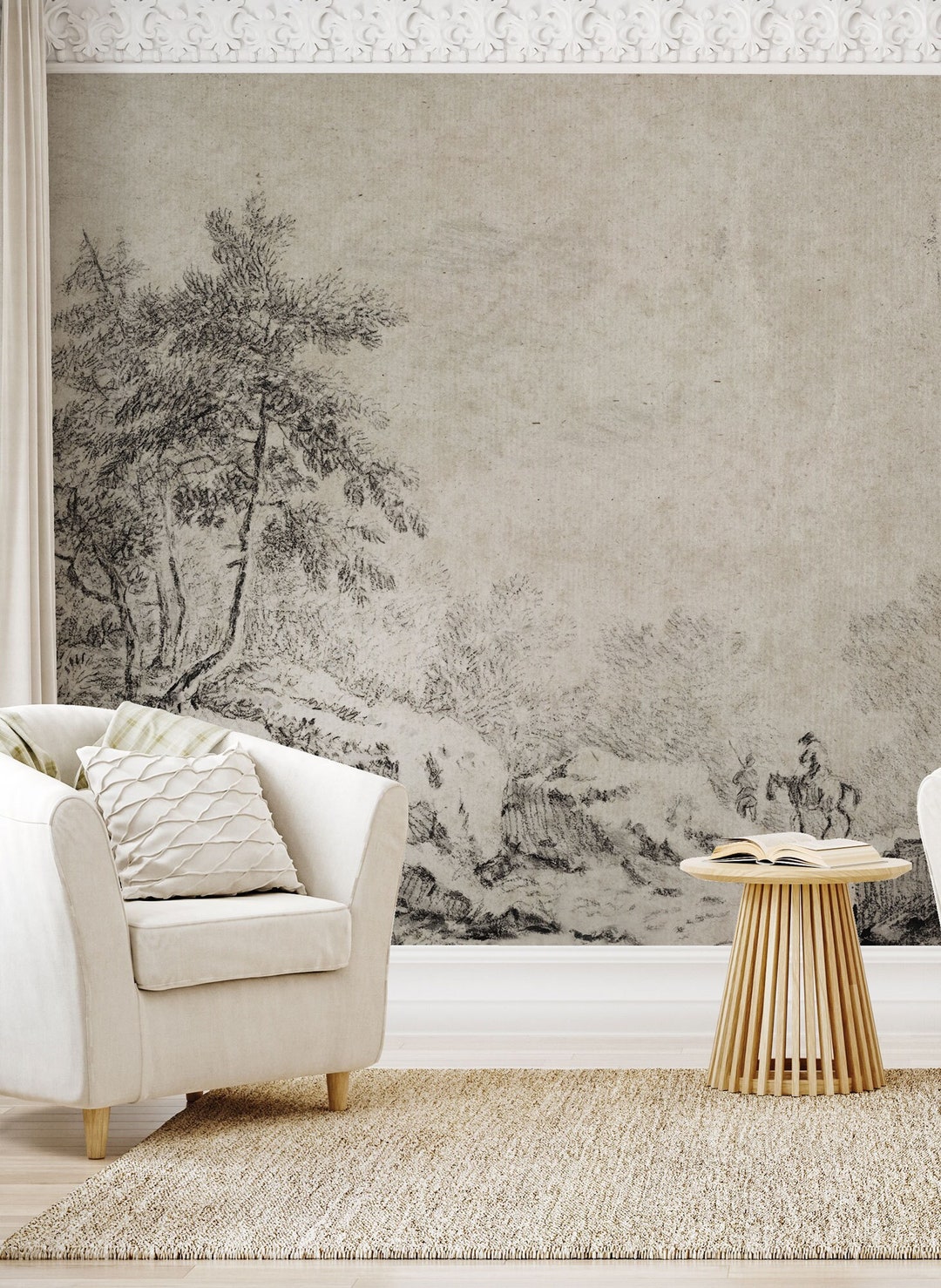 Vintage Beige Scenic Landscape Wallpaper With Trees, Horse and Man ...