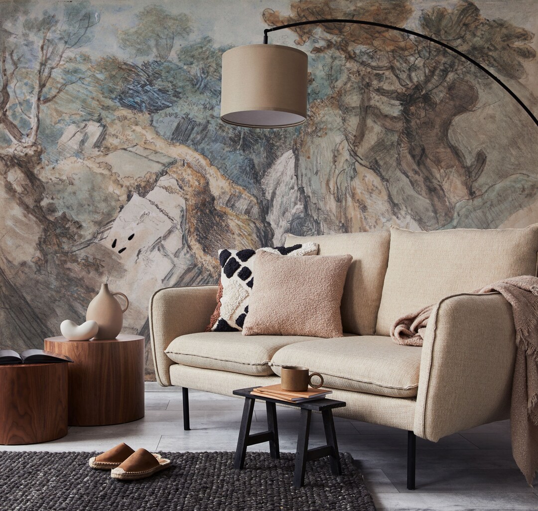 Abstract Wallpaper With Mountain Landscape and Tree, Painting Wall ...
