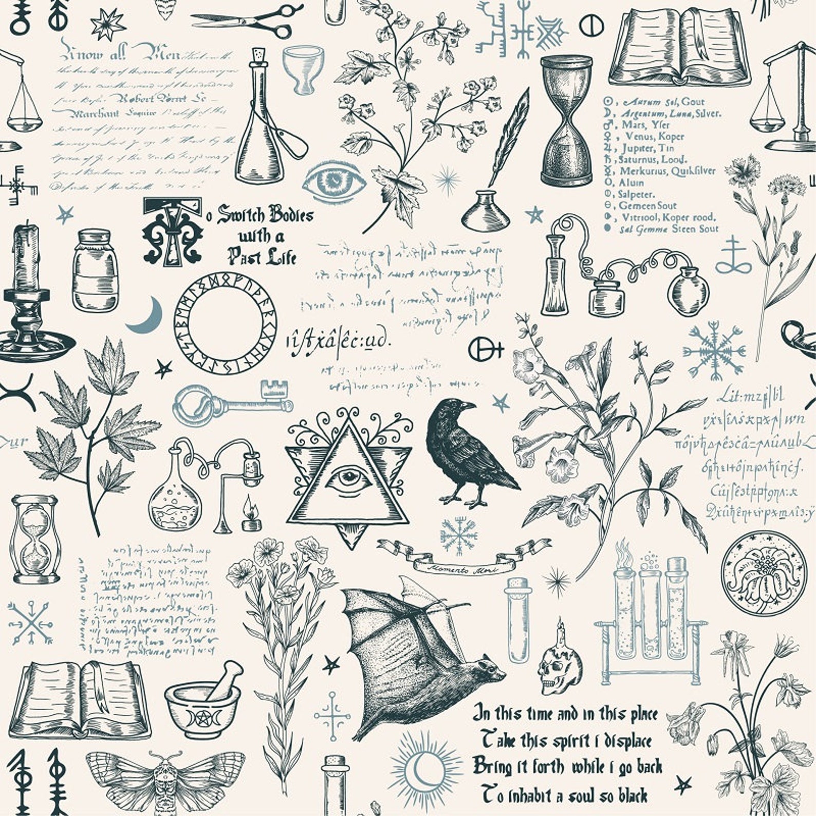 Light Ivory Alchemy Motive Wallpaper With Ravens, Bats, Plants and ...