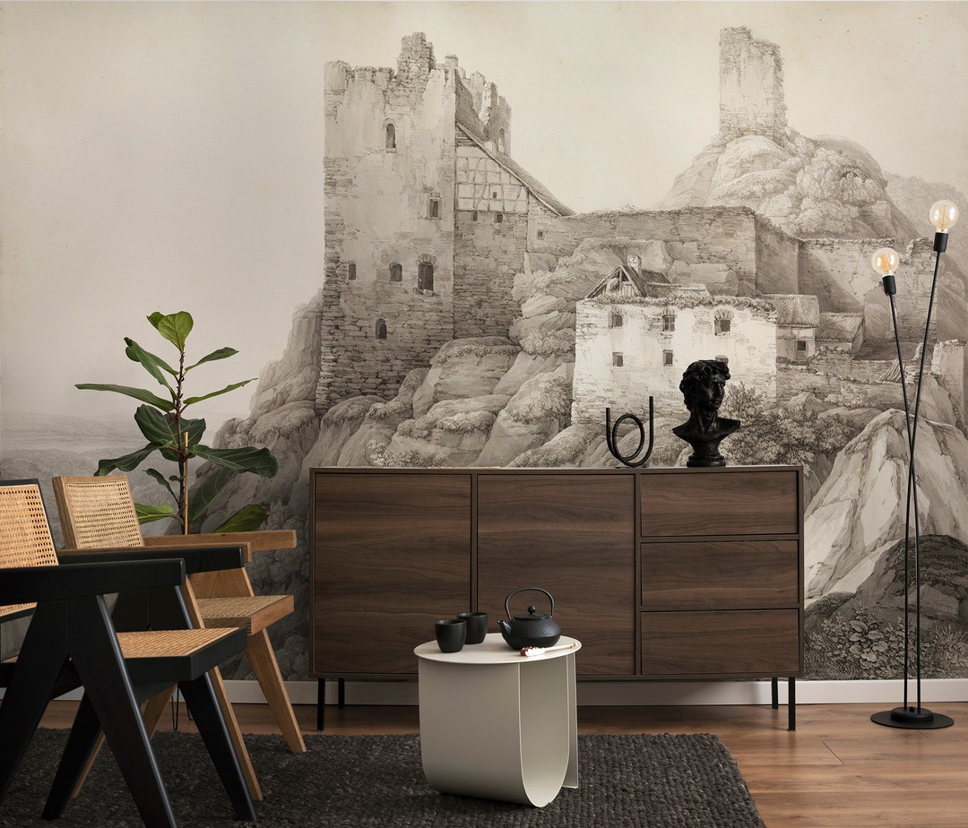 Medieval Castle Landscape Beige Vintage Mid Century Wallpaper | Peel ...