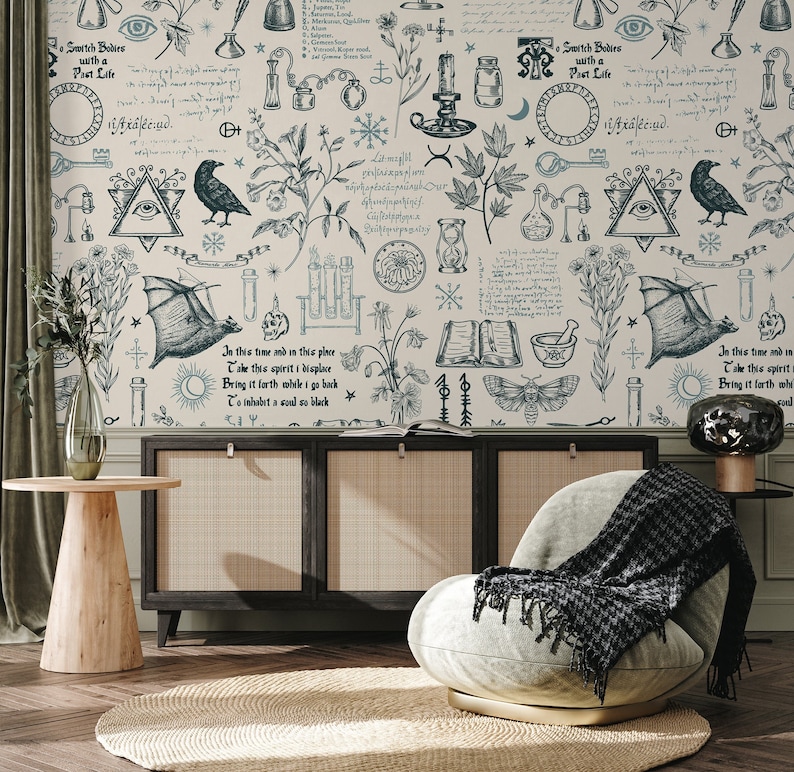 Light Ivory Alchemy Motive Wallpaper With Ravens Bats Plants - Etsy