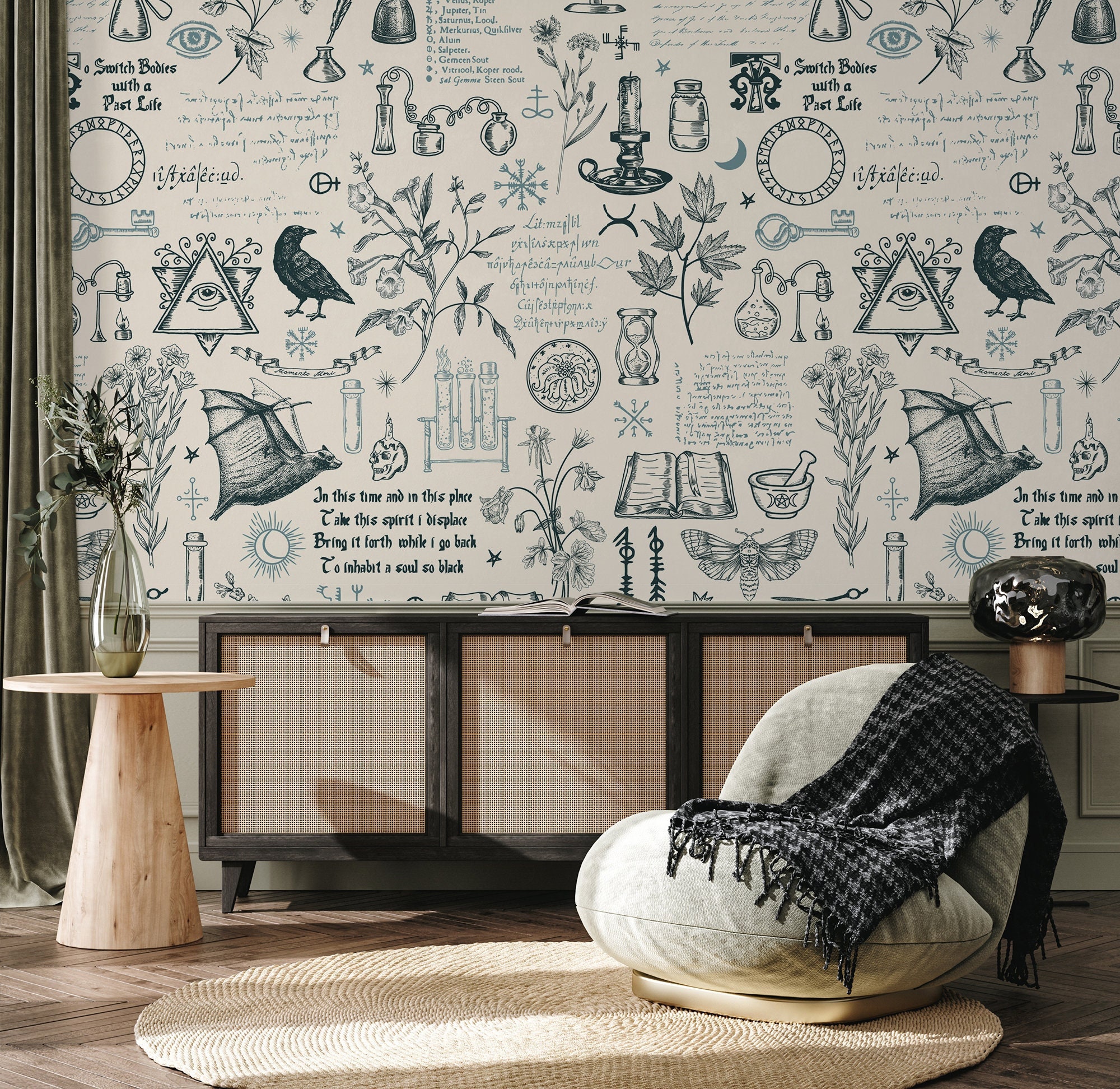 Alchemy Wallpaper, Ravens, Bats, Mystic Symbols, Peel and Stick - Etsy UK
