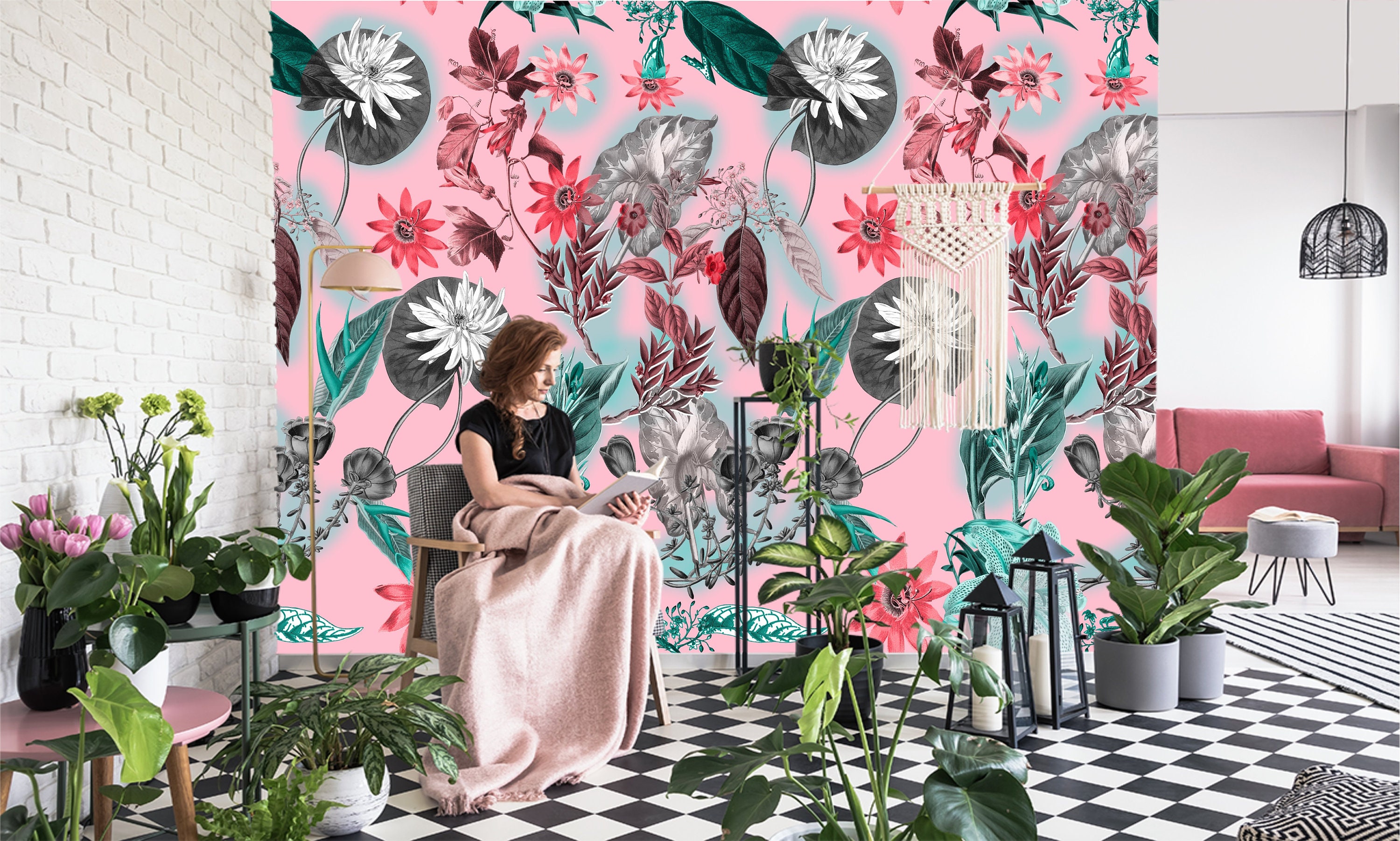 Pink and Teal Floral Wallpaper Self-adhesive Wallpaper | Etsy