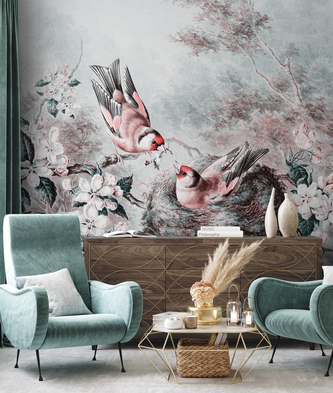 Cute Bird Wallpaper With Flowers and Branches | Peel and Stick (self ...